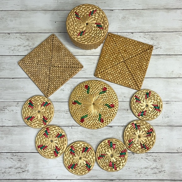 Accents | Vintage Boho Wicker Rattan Coasters And Trivet Set | Poshmark